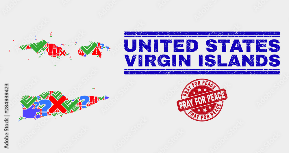 Sign Mosaic American Virgin Islands map and seal stamps. Red rounded ...