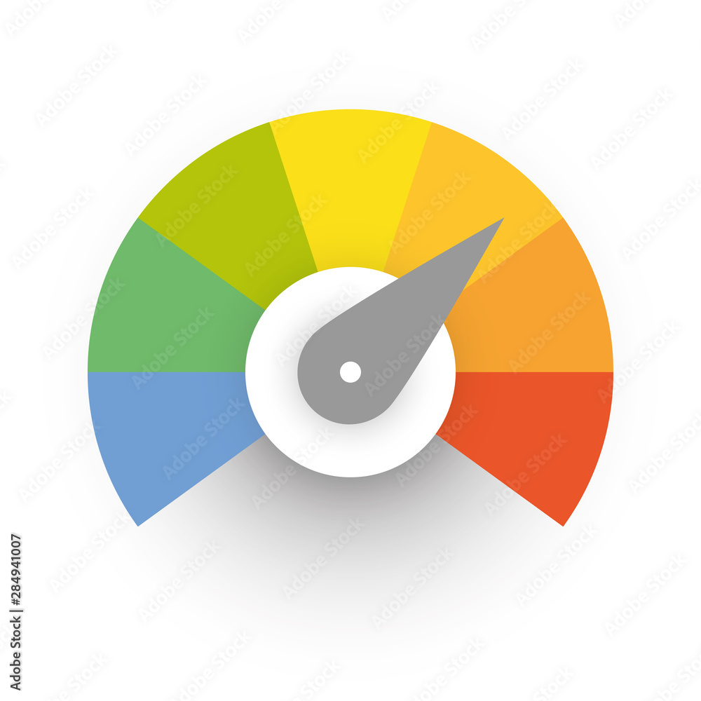 Multicolored spectrum radial gauge scale with arrow hand pointer ...