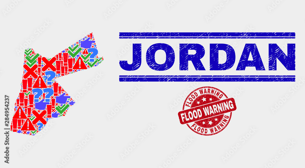 Symbol Mosaic Jordan map and seal stamps. Red round Flood Warning ...