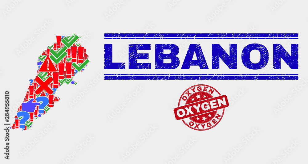 Sign Mosaic Lebanon map and seal stamps. Red round Oxygen textured seal ...