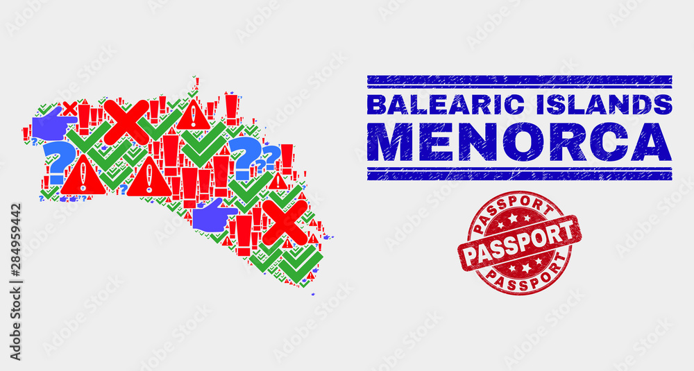 Symbolic Mosaic Menorca Island map and seals. Red round Passport ...