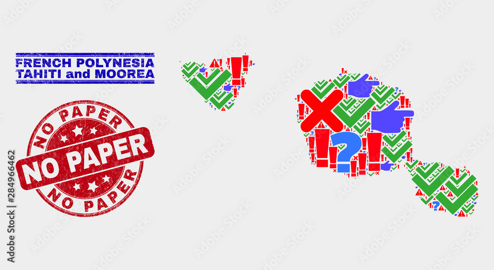 Symbolic Mosaic Tahiti and Moorea islands map and seal stamps. Red ...