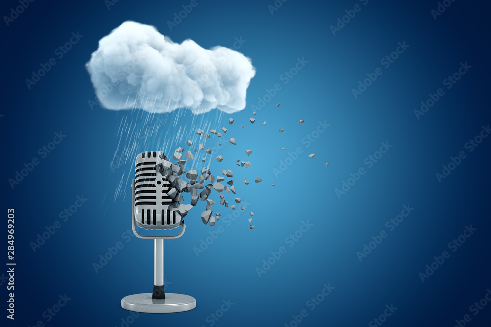 3d rendering of microphone dissolving into small pieces standing under ...