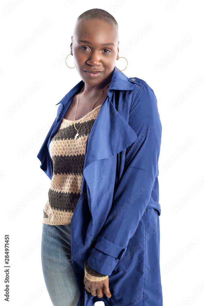Black African American fashion model with bald hairstyle confidently ...