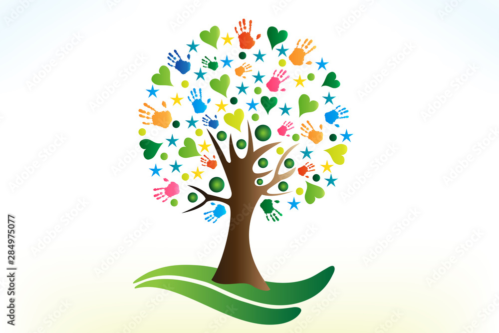 Tree hearts and hands people figures logo vector web image template ...