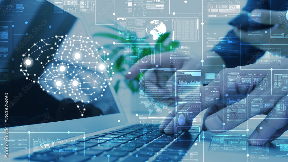 AI, artificial intelligence conceptual with computer interface of ...