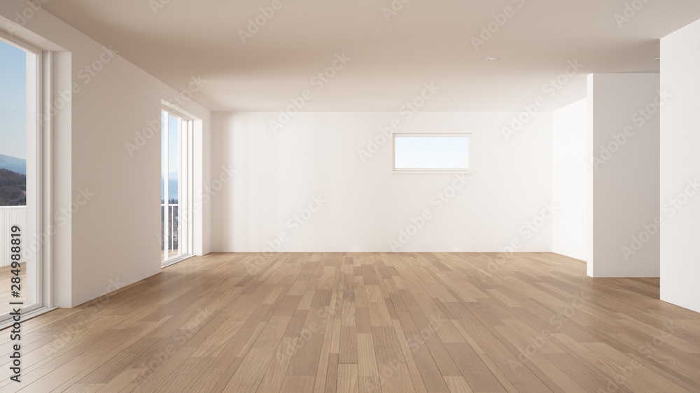 Empty room interior design, open space with big panoramic window ...