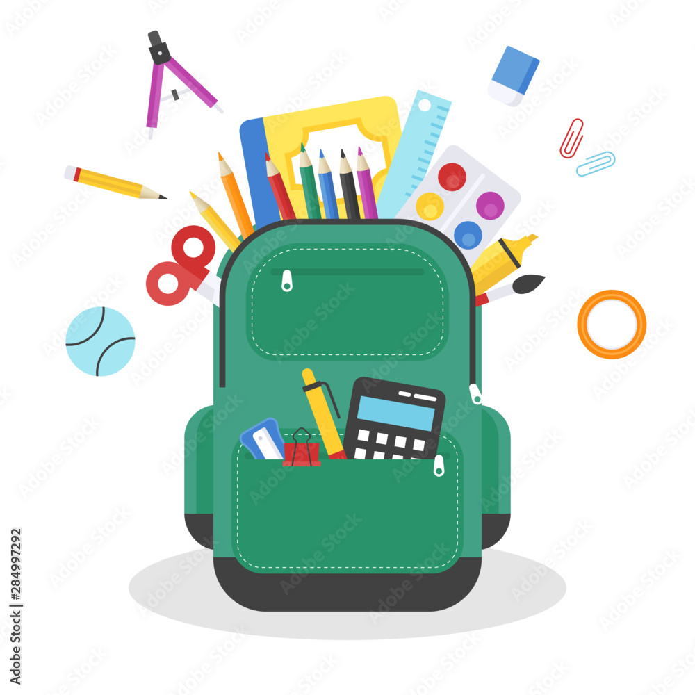Back to school, School bag with school supplies vector Stock Vector ...