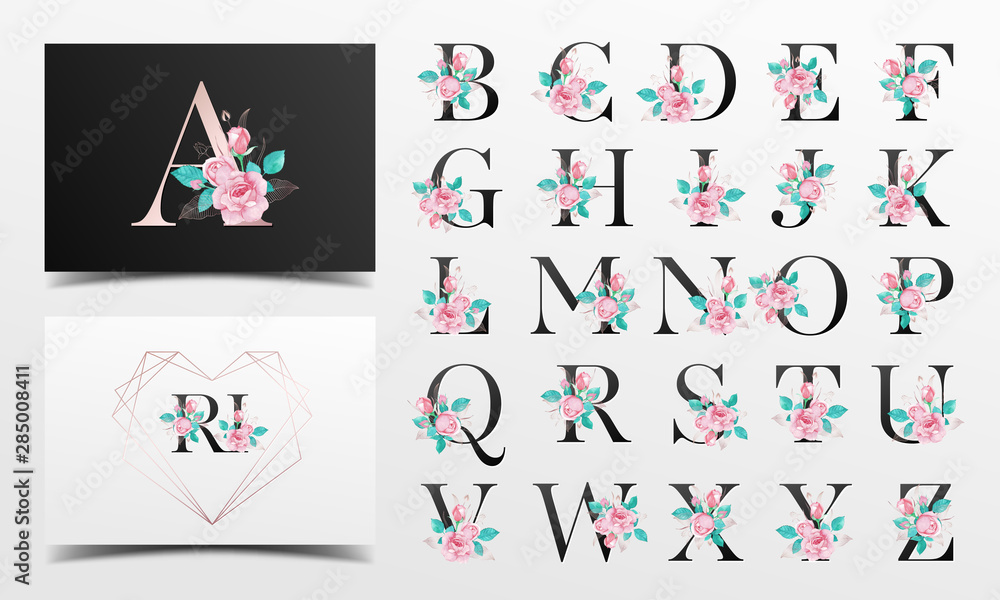 Beautiful alphabet collection with rose watercolor decoration Stock ...