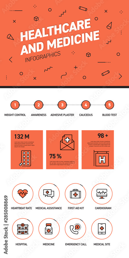 Linear and flat web design template of three pages with colored outline ...