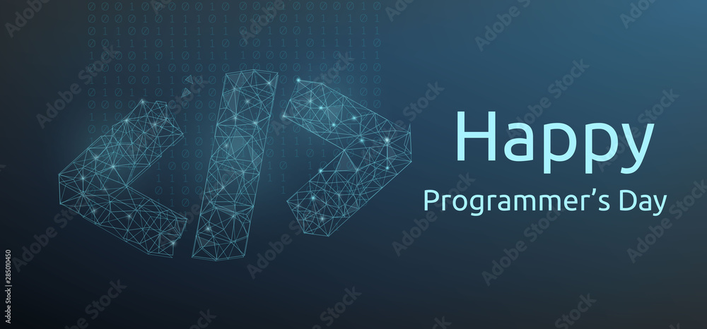 Happy programmer day banner with code symbol in polygonal wireframe ...