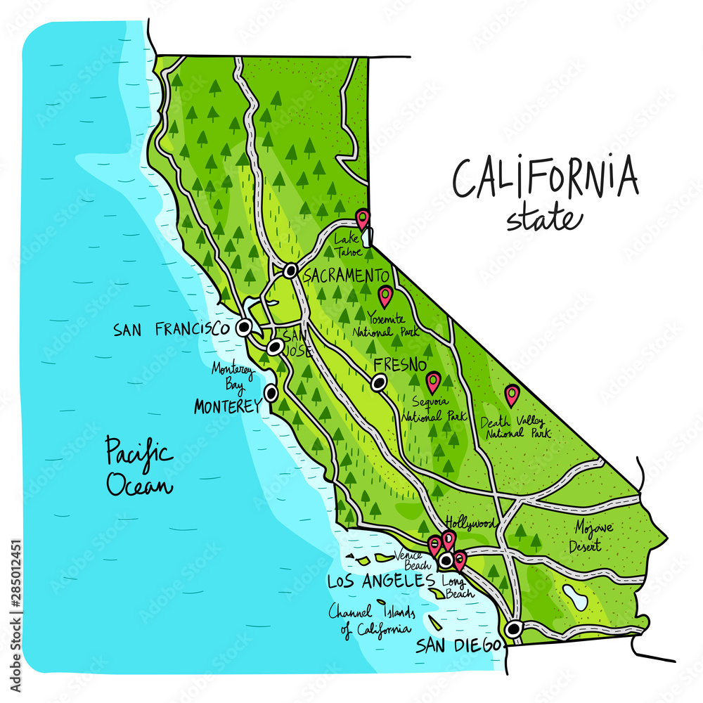 Map of California state of the USA, with landmarks. Stock Vector ...