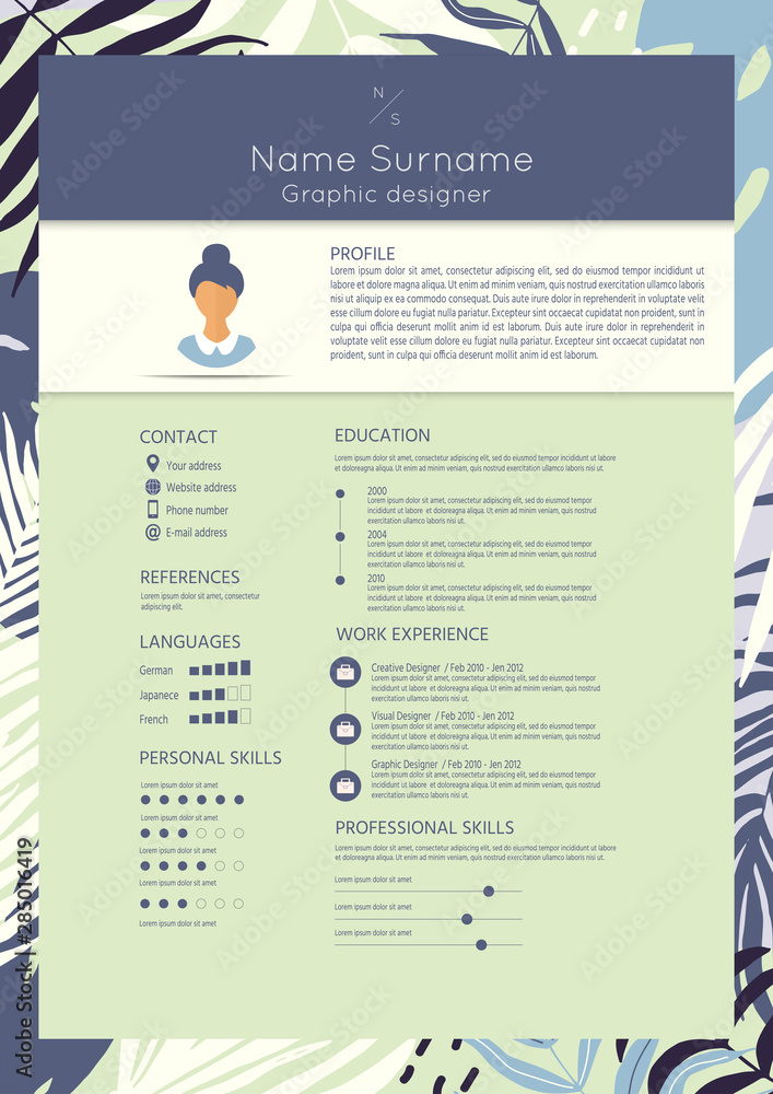 Feminine resume with infographic elements and tropic design. Stylish CV ...