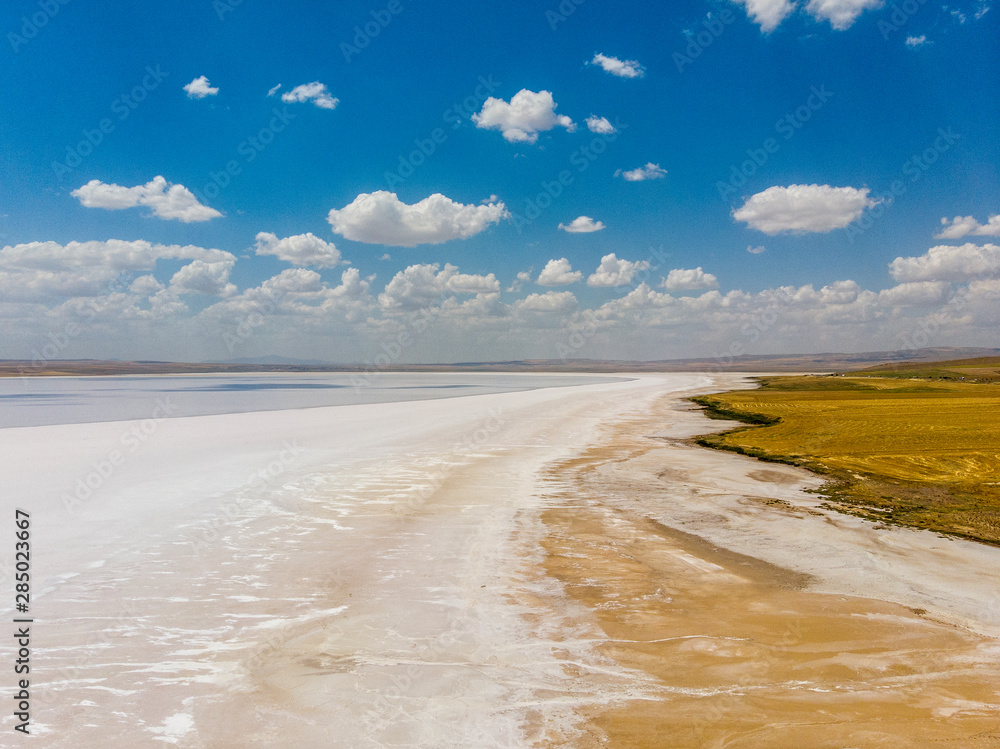 Aerial view of Lake Tuz, Tuz Golu. Salt Lake. White salt water. It is ...