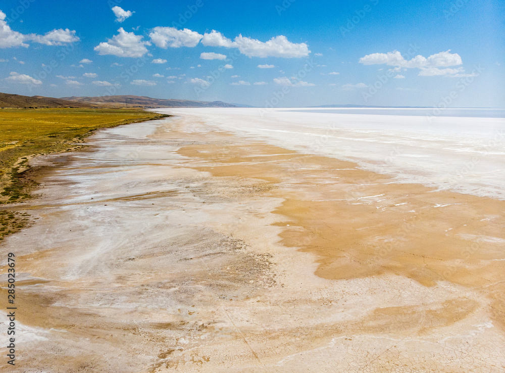 Aerial view of Lake Tuz, Tuz Golu. Salt Lake. White salt water. It is ...