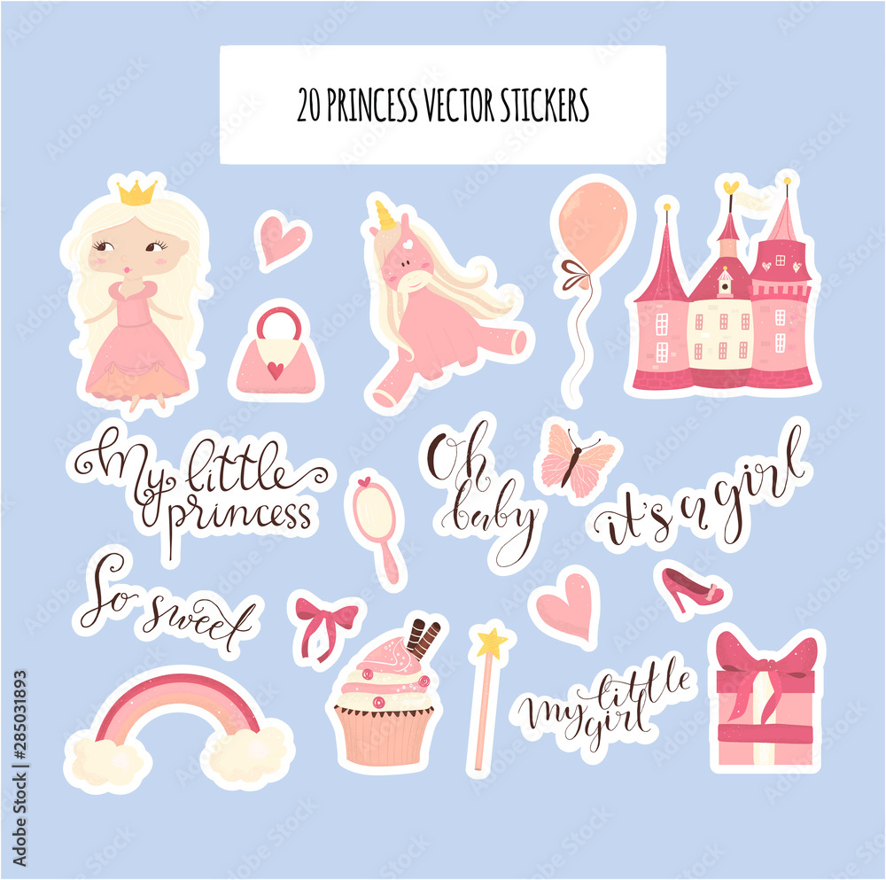 Collection of vector princess stickers for scrapbooking. 20 elements ...