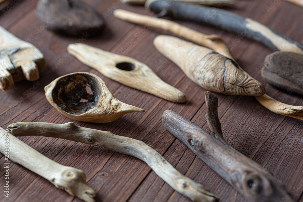 pieces of wood, sticks, driftwood from the sea, smooth and rough wood ...