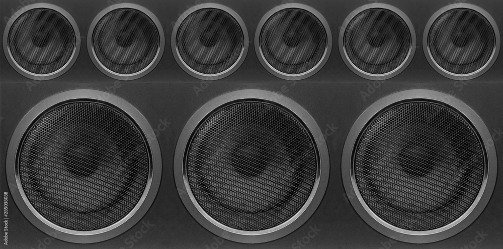 Music and sound - Front view three bass Subwoofer and six speaker ...
