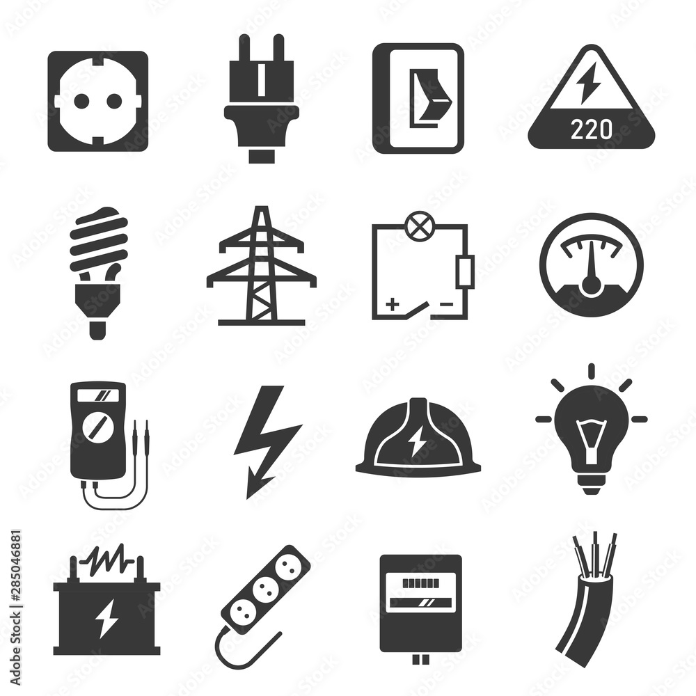 Electricity black and white isolated icons set Stock Vector | Adobe Stock