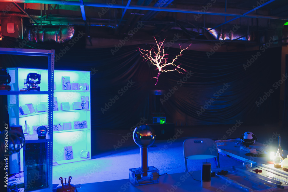 lightning on a black background - corona discharge of Tesla coil. Stock ...