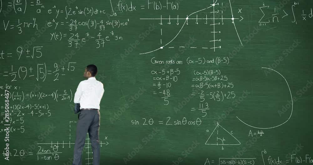 Back view of man thinking in front of moving maths calculations on ...