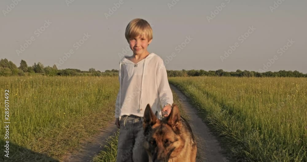 Boy with a dog in nature. 7 year old boy walking with a dog breed ...