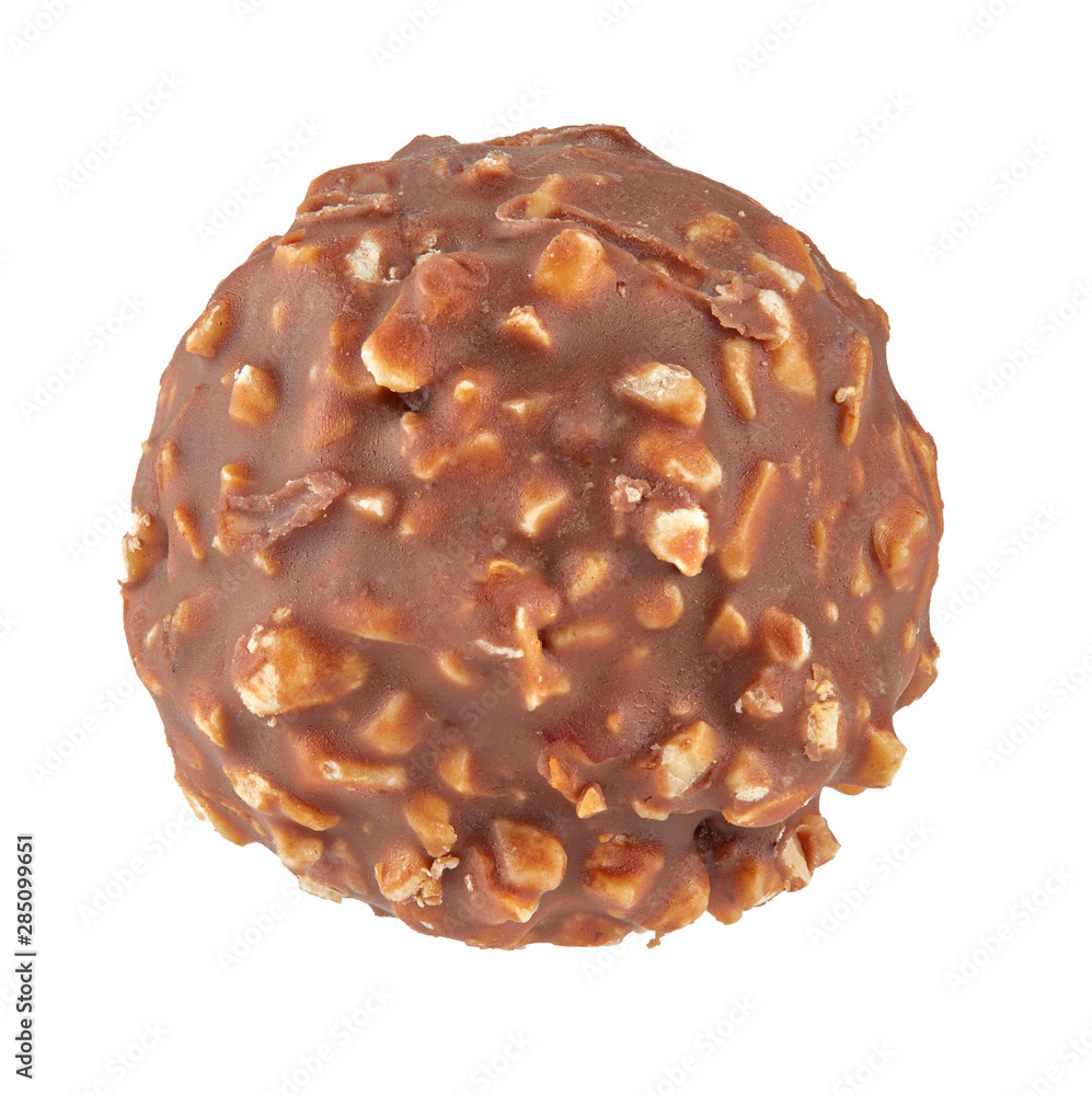Beautiful chocolate candy ball shape with filling and nuts, isolated on ...