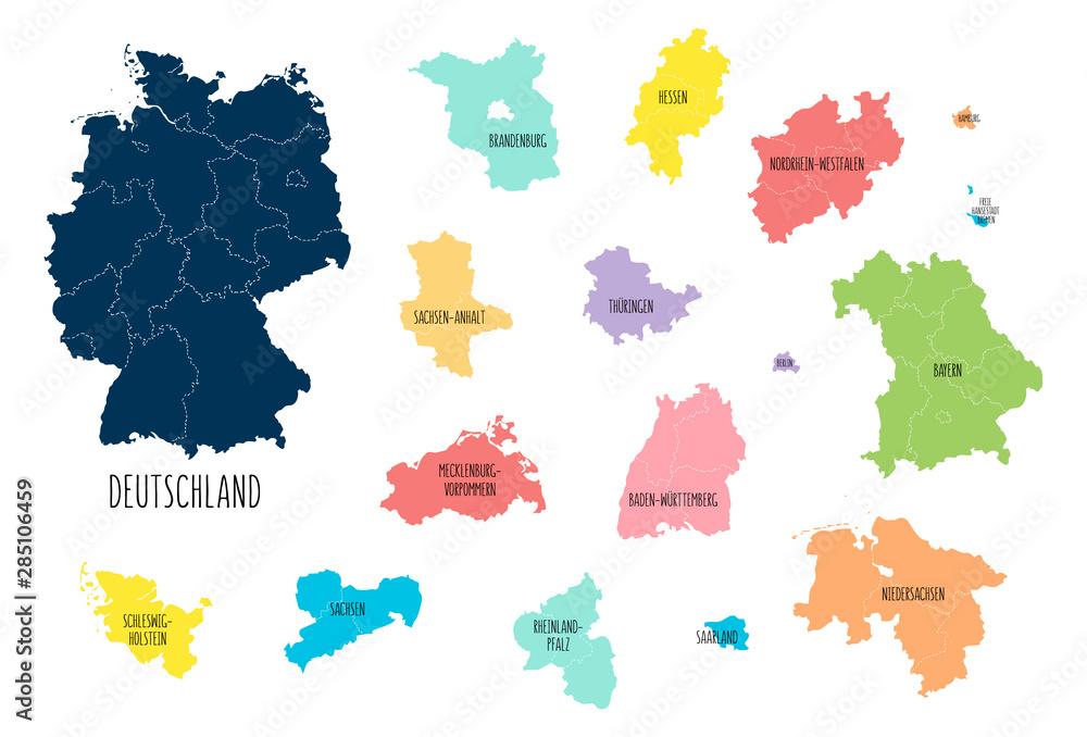 Map of Germany with separated landers with labels. Vector, colorful ...