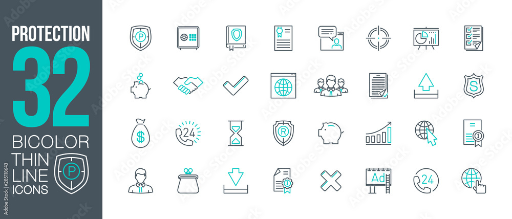 protection, security and warranty business outline flat icons set. Thin ...