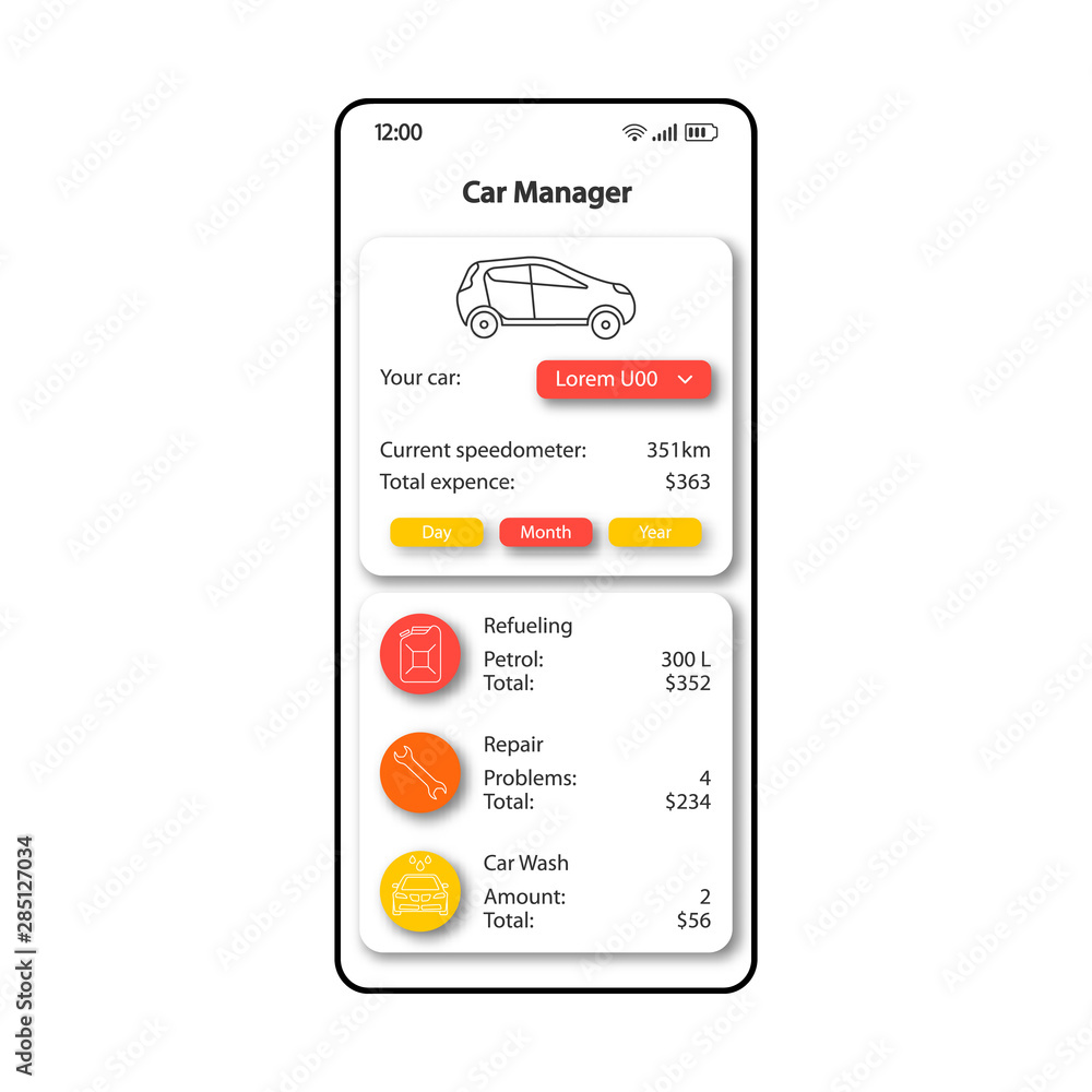 Car maintenance manager smartphone interface vector template. Mobile ...
