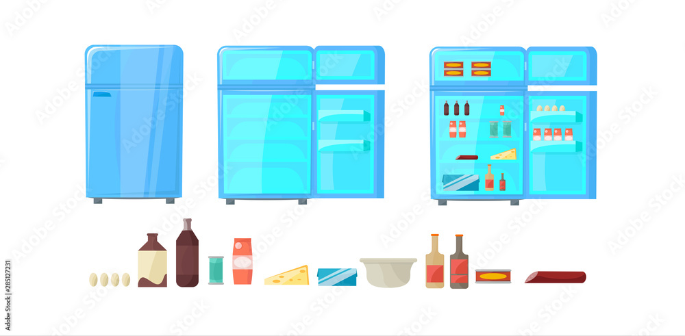 Fridge empty, open and closed refrigerator set. Open cooler. A lot of ...