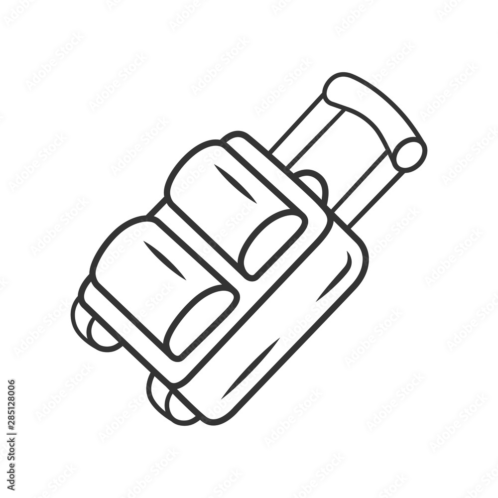 Large luggage suitcase on wheels linear icon. acked baggage, travel bag ...