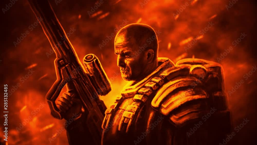 Soldier of the future in fire with large sniper rifle. Battle on alien ...