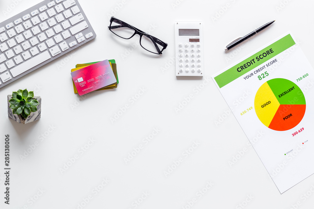 banker office desk with cards, keyboard, credit score on white ...