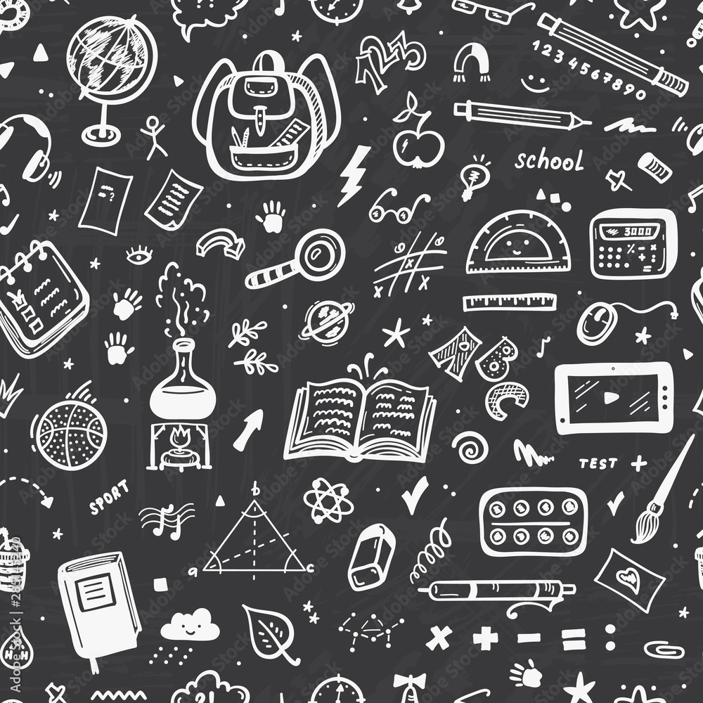 Hand Drawn Doodle School Supplies Icons Vector Seamless Pattern ...