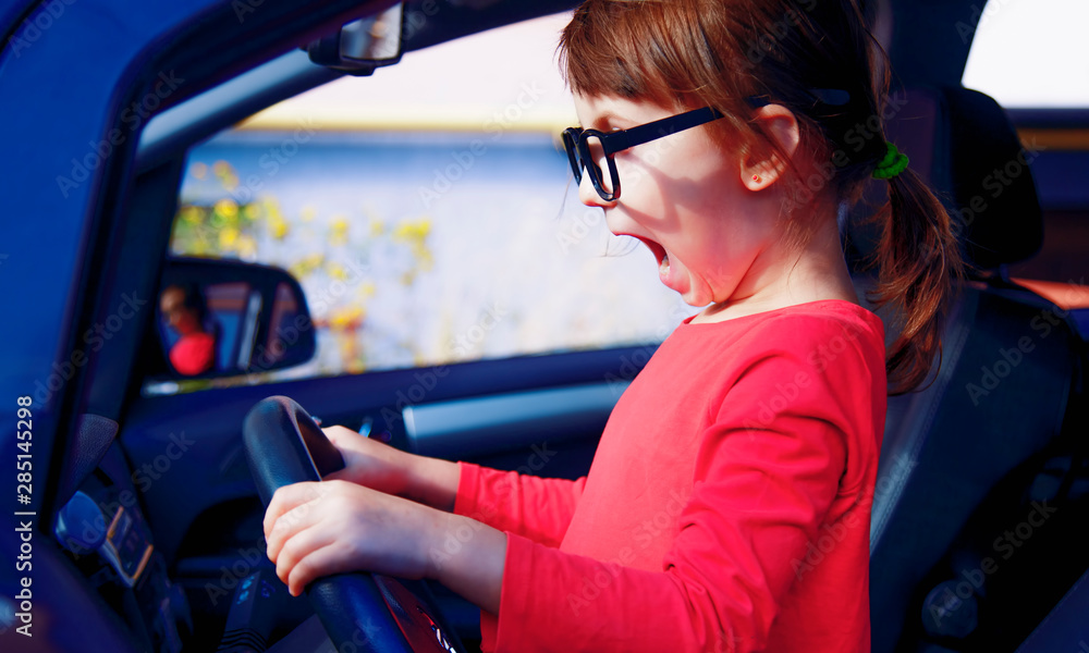 Panic attack while driving a car concept. Humor photo of beautiful ...