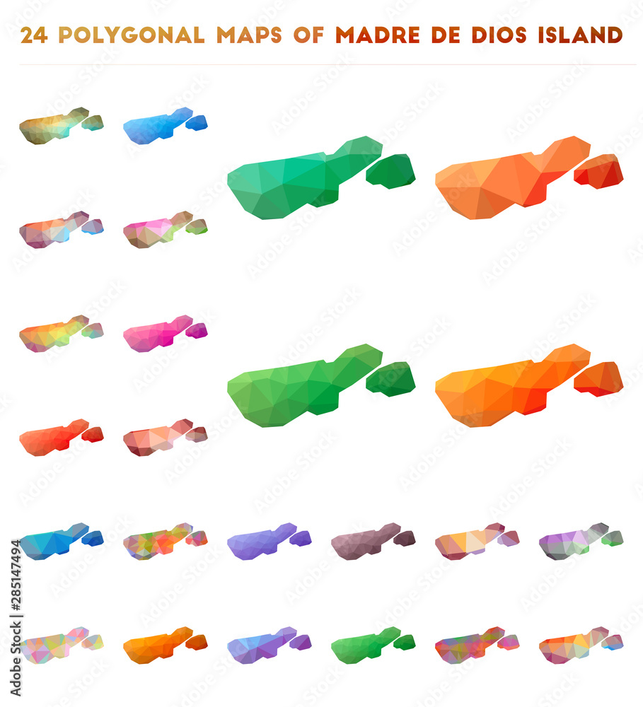 Set of vector polygonal maps of Madre de Dios Island. Bright gradient map of island in low poly ...