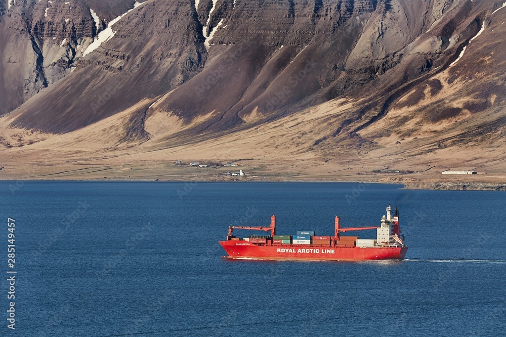 REYKJAVIK, ICELAND - MAY 03, 2015: Container ship arriving in front of ...