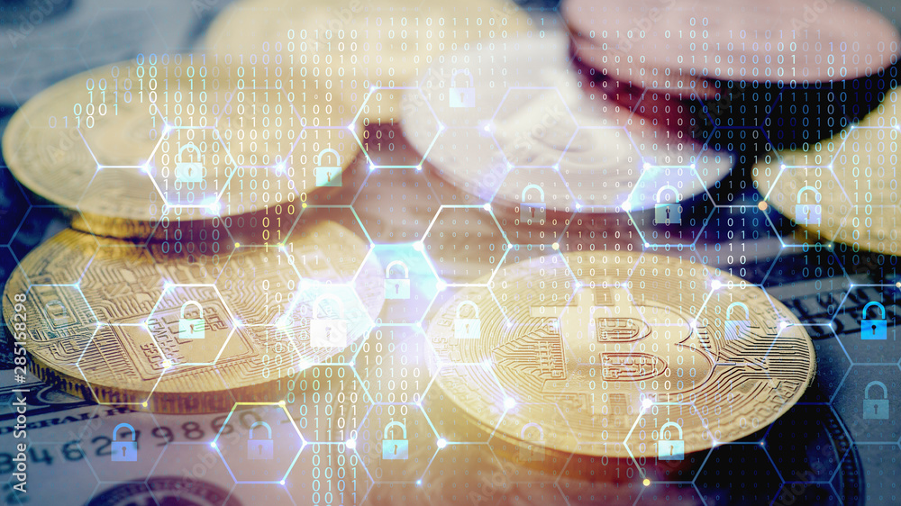 double exposure background of bitcoin golden coin on us banknote ...