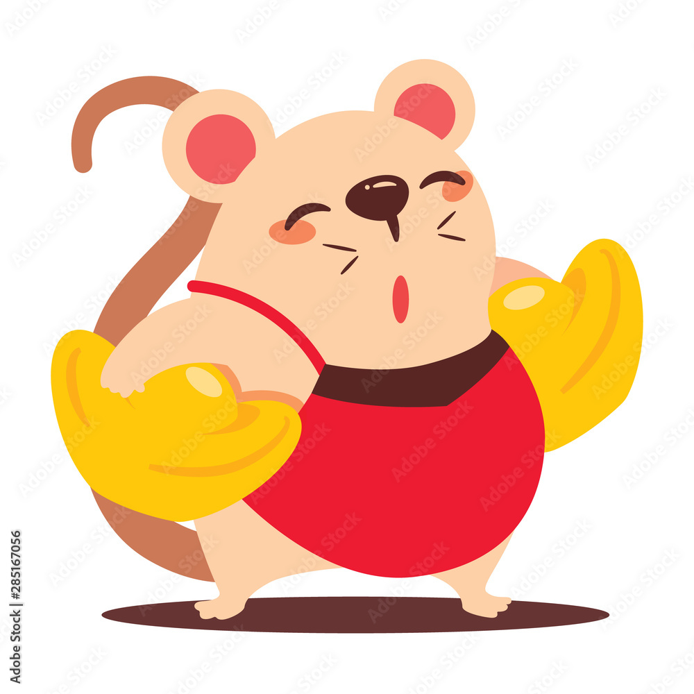 Cartoon cute rat carrying big Chinese gold Ingot. The year 2020 of the ...