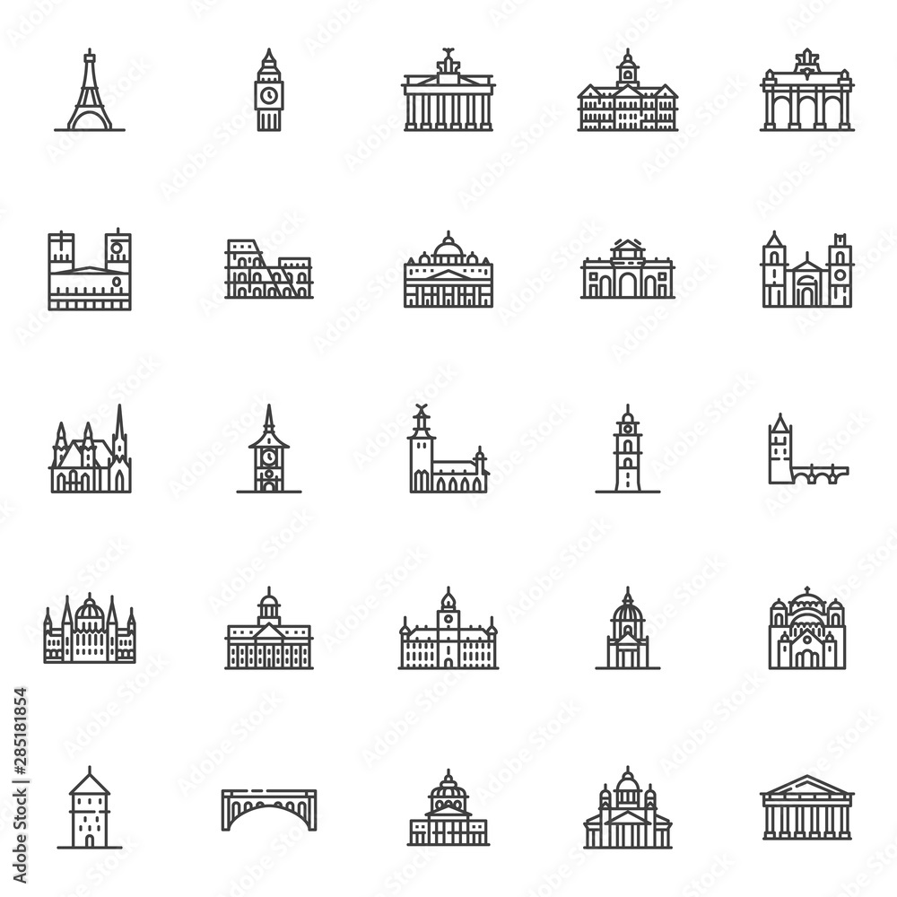 European cities landmarks line icons set. linear style symbols ...