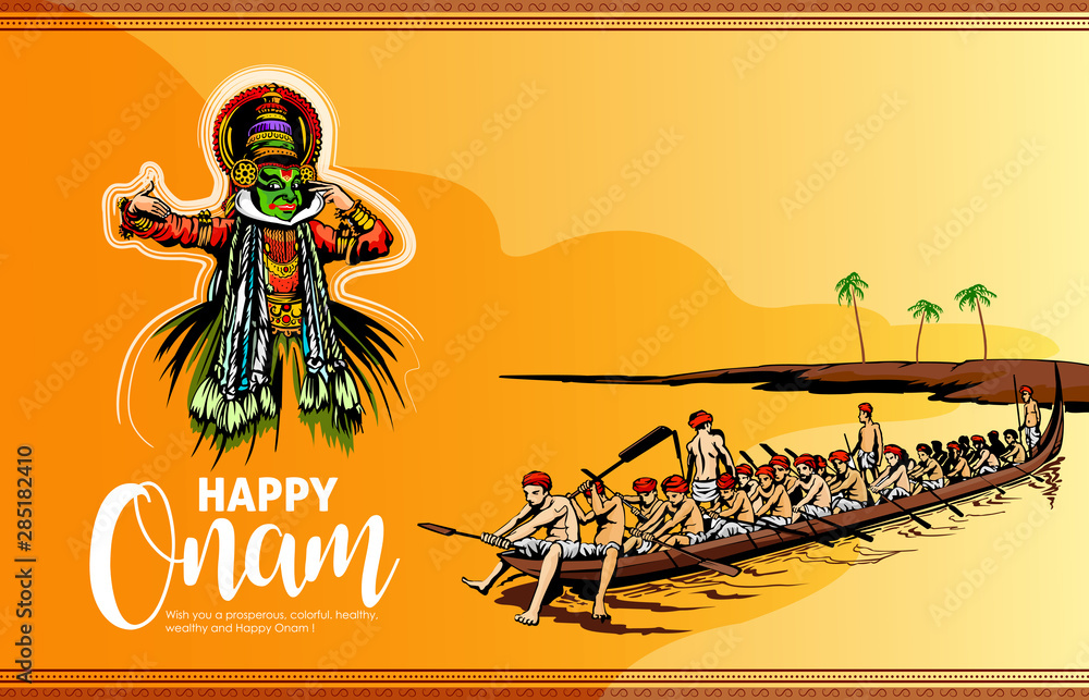 illustration of colorful Kathakali dancer and snakeboat race in Onam ...