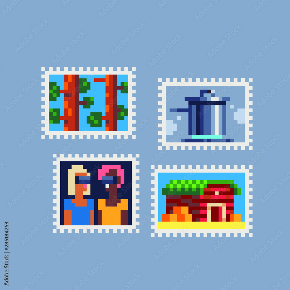 Vintage postmark template pixel art icon, forest, couple of friends ...