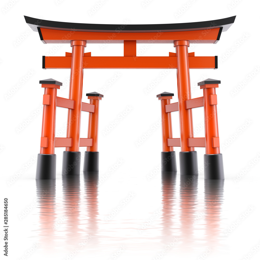 Traditional japanese floating torii gate with side pillars over wavy ...