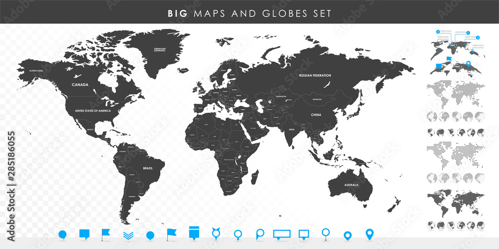 Big set of High Detailed Maps and Globes. Pins collection. Different ...