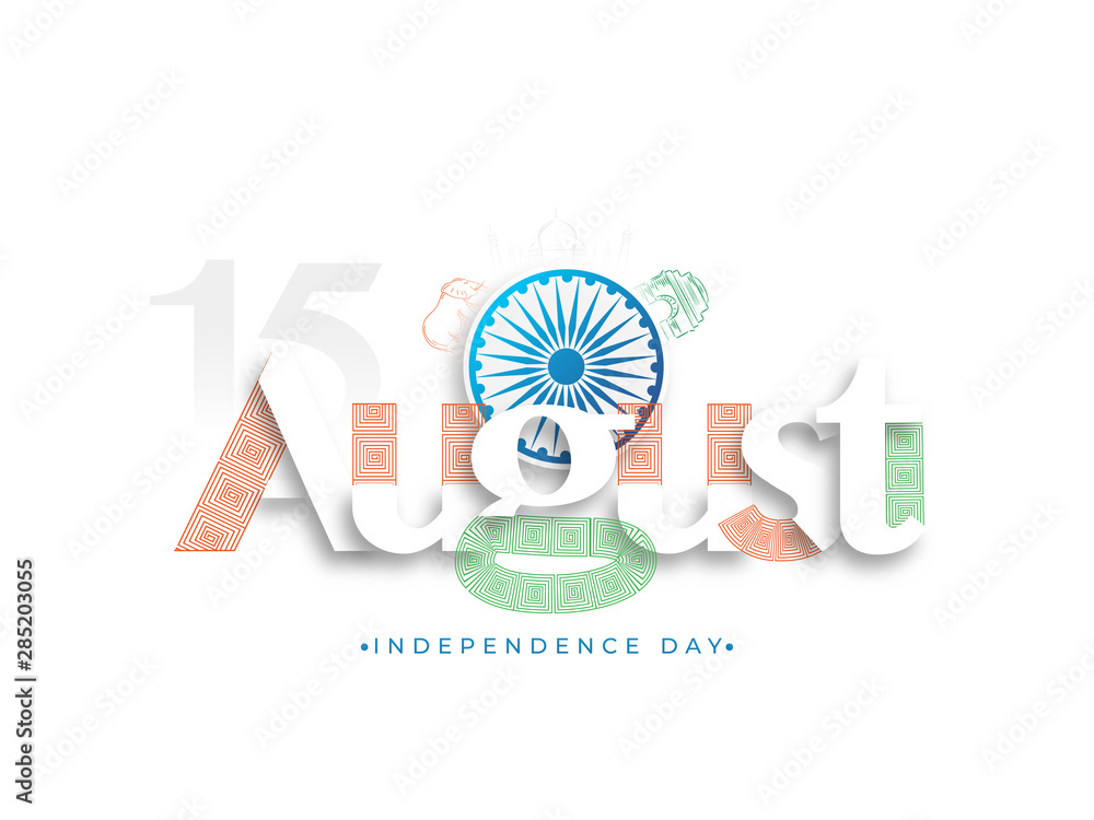 Creative stylish text 15 August with Ashoka Wheel on white background ...
