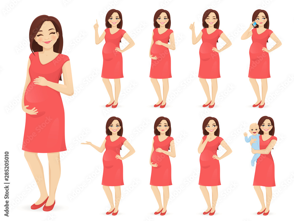 Cute woman pregnant in dress standing in different poses isolated ...