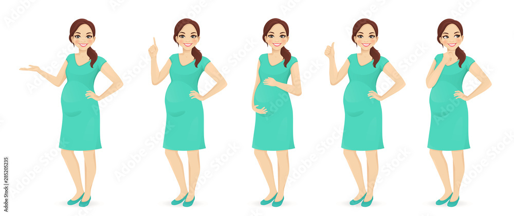 Cute woman pregnant in dress standing in different poses isolated ...
