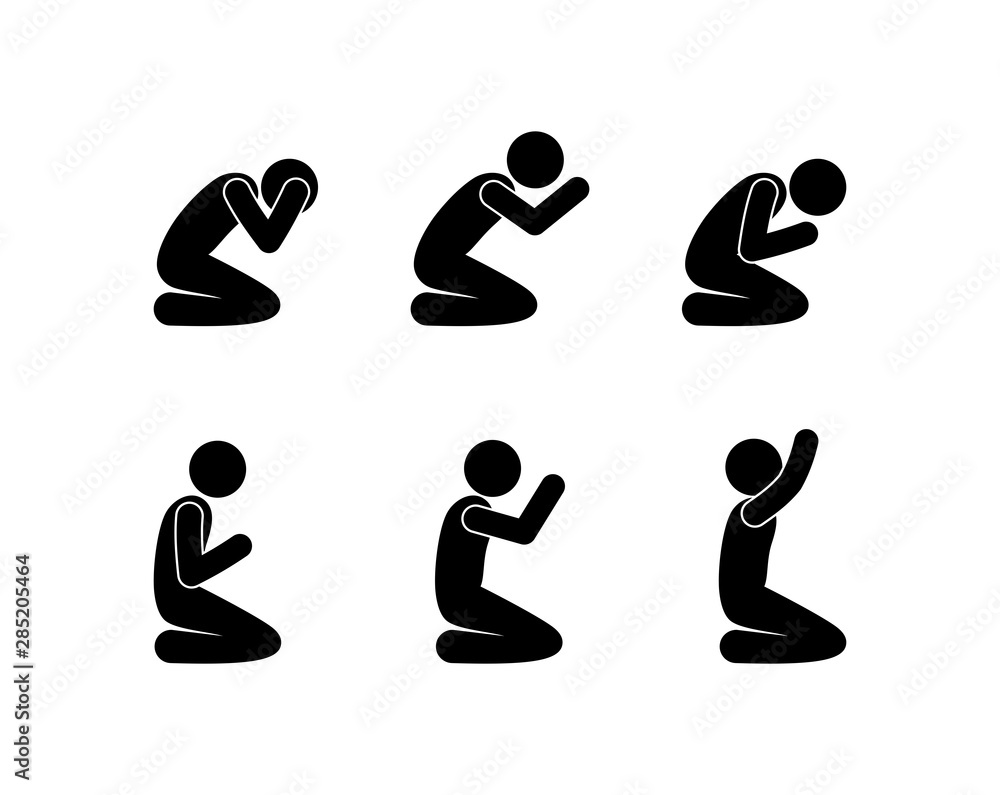 man prays, icon set, stick figure pictogram, isolated silhouettes of ...