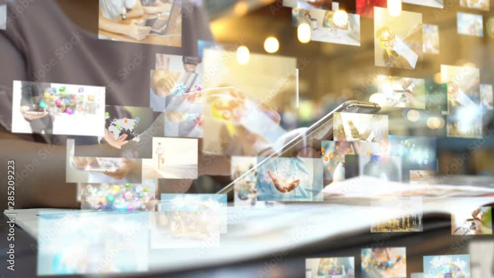 Hand touch screen smartphone, social media interface on screen, connect ...